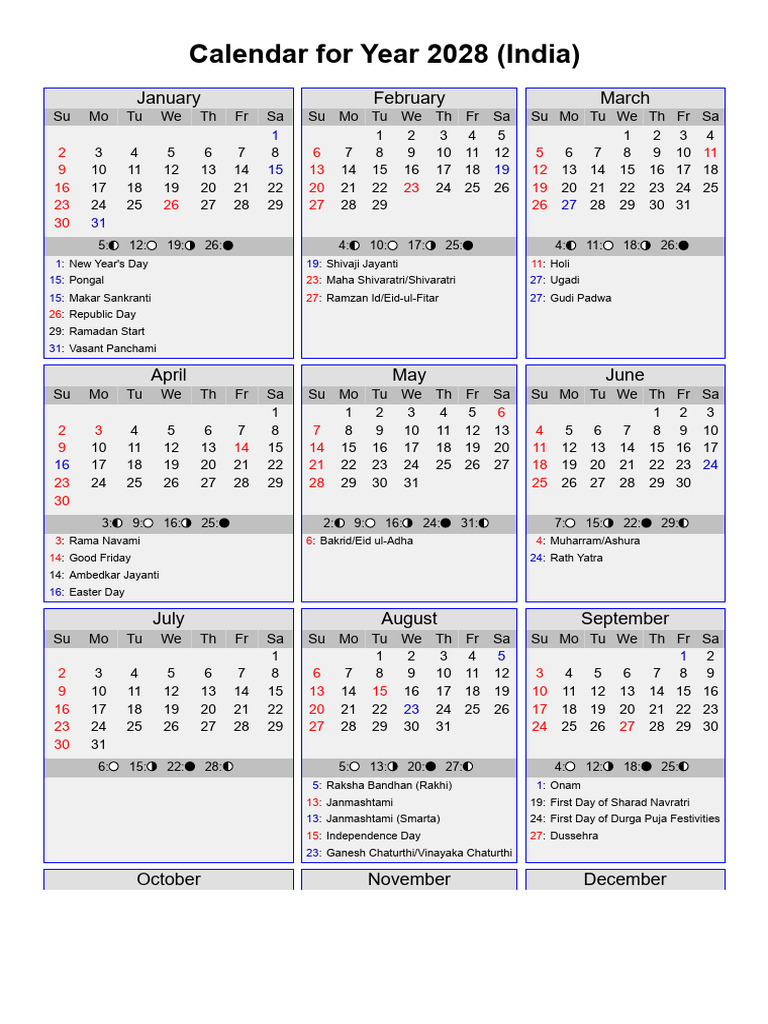 2028 Festival Calendar for India | PDF | Hindu Worship | Religious Holidays