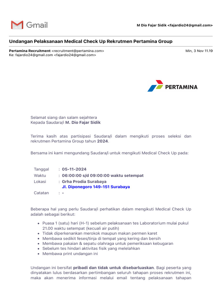 Undangan Medical Check Up Pertamina 2024 | PDF | Kesehatan Holistik