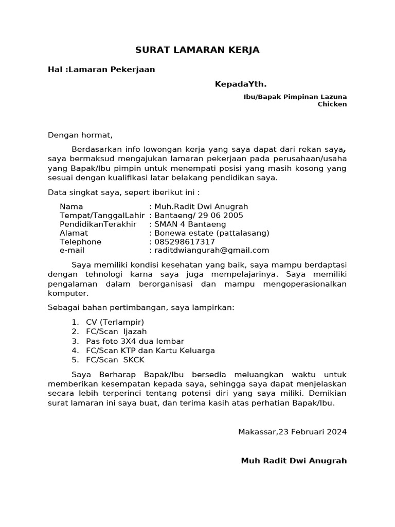 Surat Lamaran Kerja Lazuna Chicken | PDF
