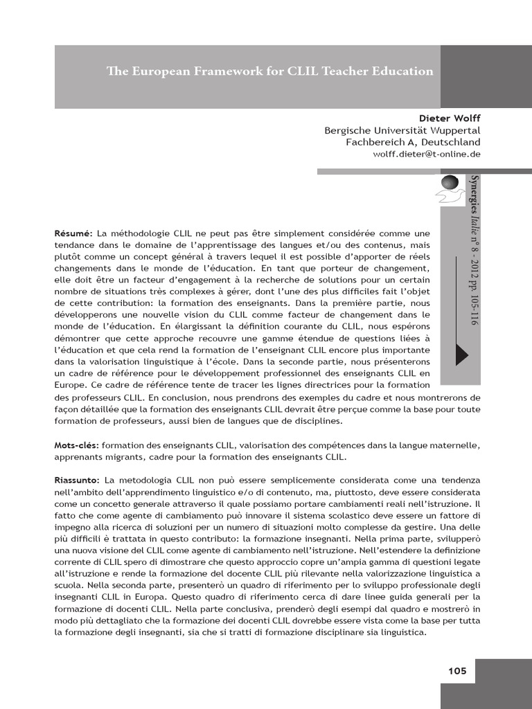 Wolff Et Al. THE EUROPEAN FRAMEWORK FOR CLIL TEACHER EDUCATION | PDF ...