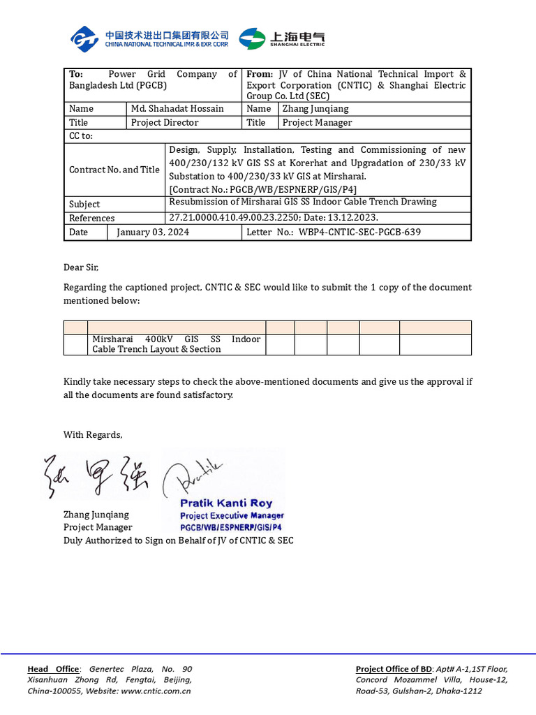 WBP4-CNTIC-SEC-PGCB-639-Resubmission of Mirsharai GIS SS Indoor Cable Trench Drawing | PDF