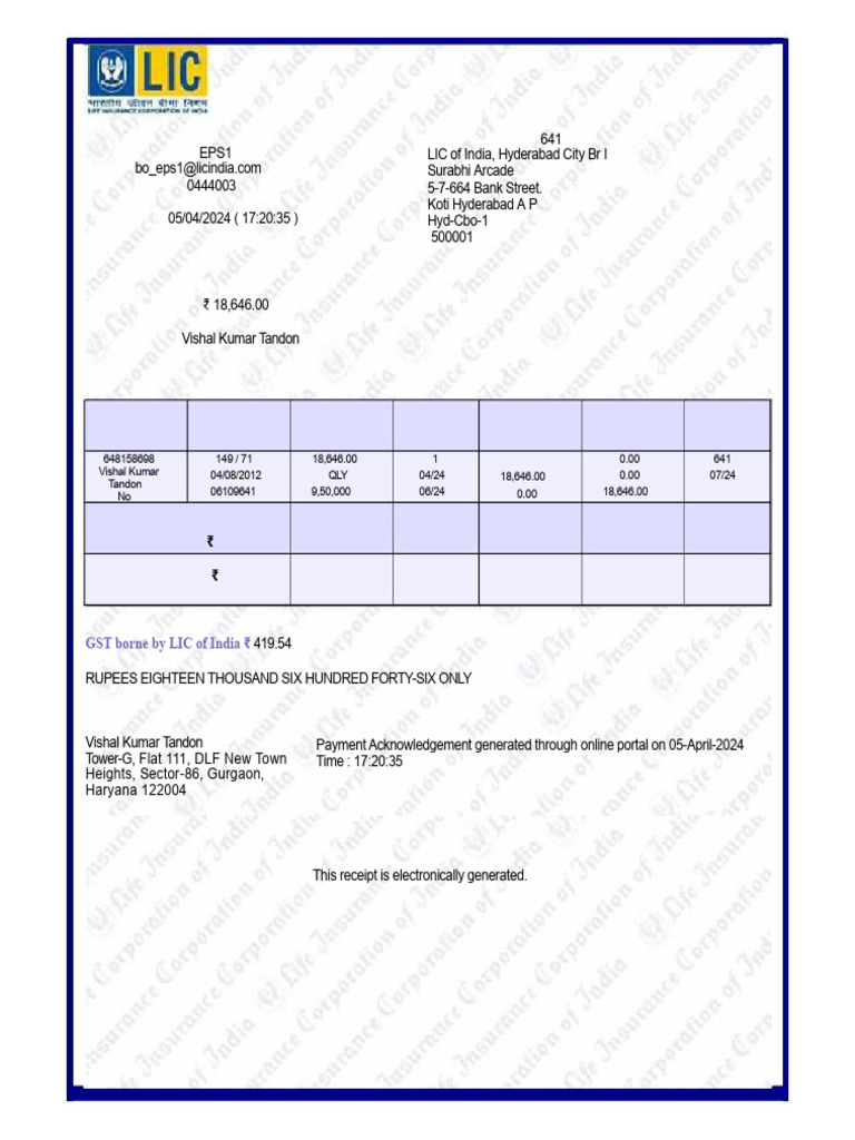 LIC Renewal Premium Receipt - Vishal Tandon | PDF