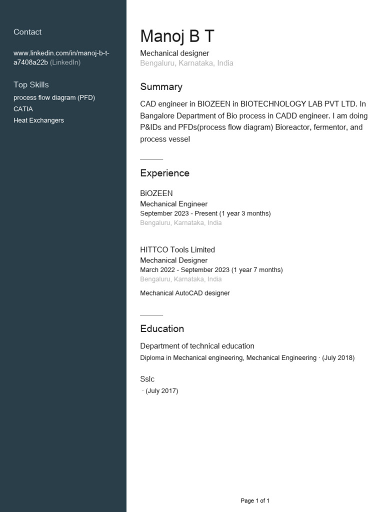 Mechanical Designer Profile: Manoj B T | PDF | Computers | Technology ...
