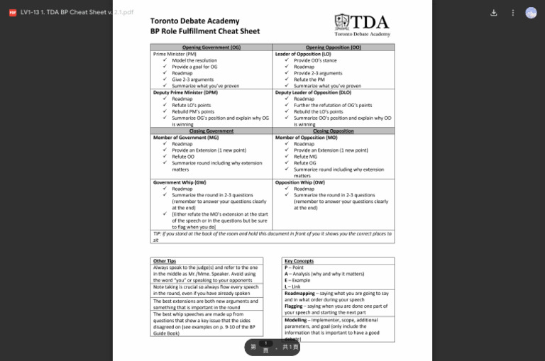 Toronto Debate Academy BP Cheat Sheet | PDF