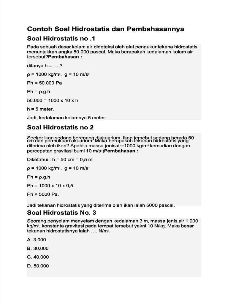 Contoh Soal dan Pembahasan Hidrostatis | PDF | Metode & Bahan Ajar | Sains & Matematika