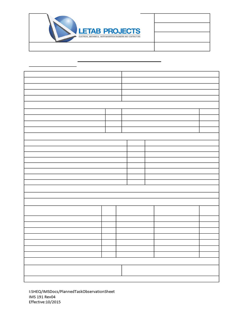 Planned Task Observation Sheet Template | PDF