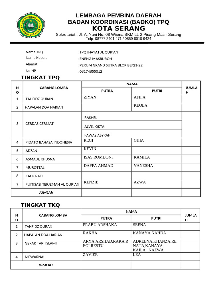 Formulir Pendaftaran Lomba TPQ | PDF
