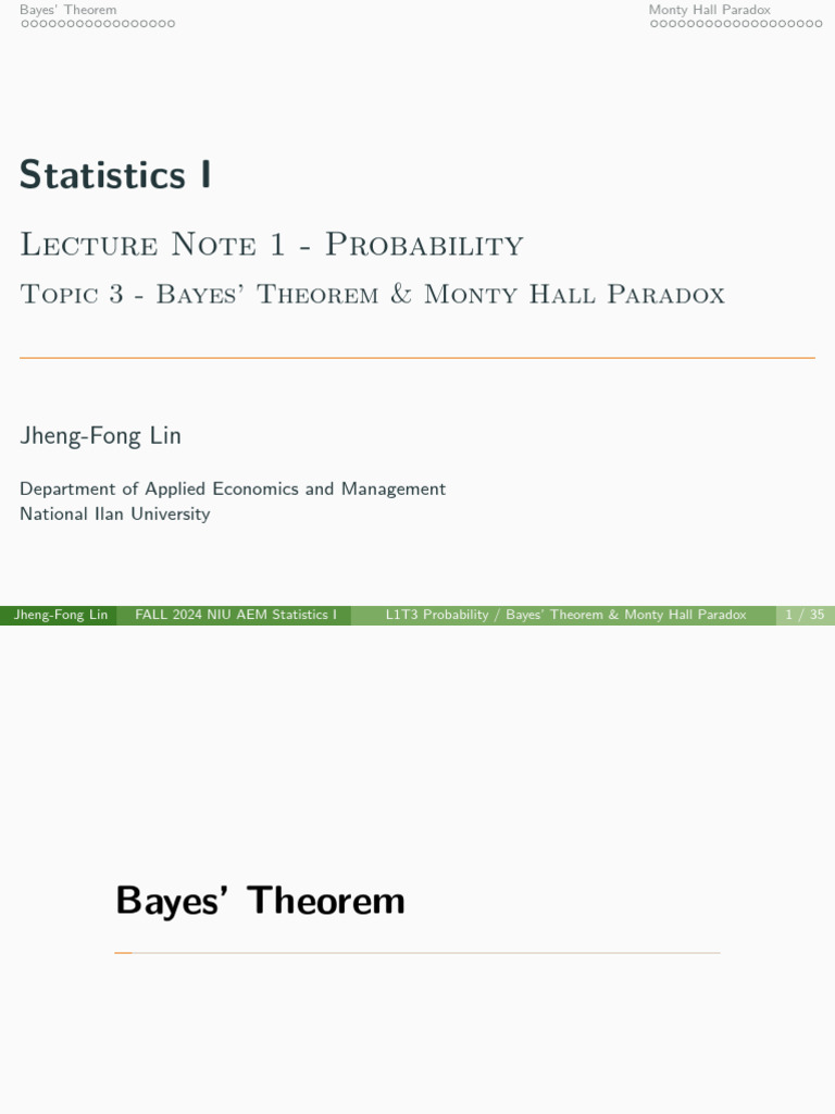 (Slide) NIU 2024 Fall Statistics I Lecture Note 1 Topic 3 | PDF | Probability Theory | Probability