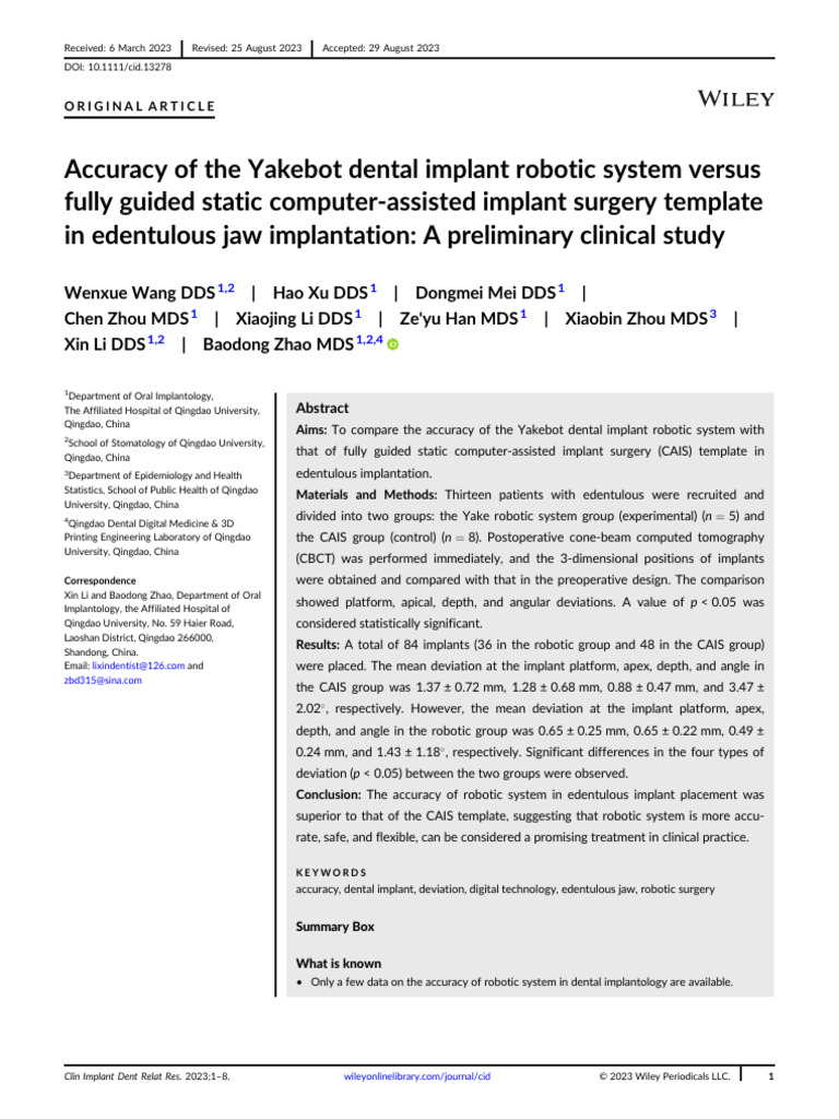 02.Wang W, Xu H, Et Al. Accuracy of the Yakebot Dental Implant Robotic ...