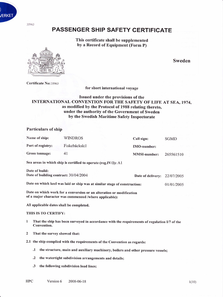 Windros. SGMD. Passenger Ship Safety Certificate, SOLAS (Expired) | PDF ...