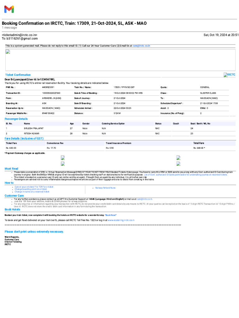 Gmail - Booking Confirmation on IRCTC, Train_ 17309, 21-Oct-2024, SL ...