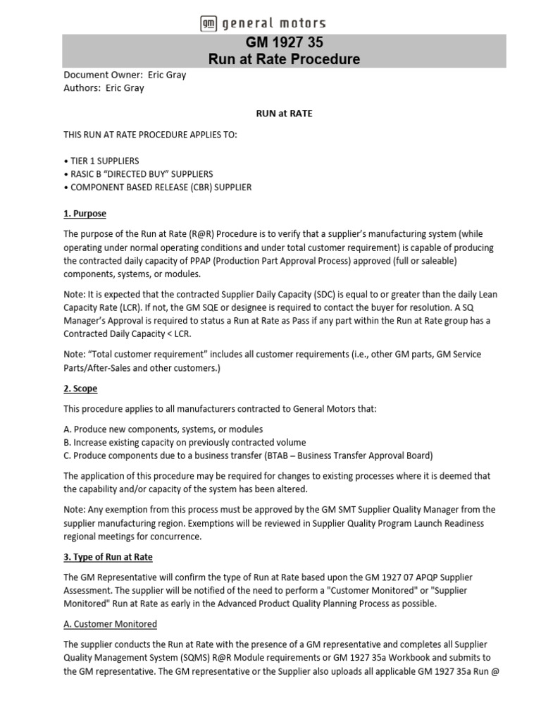 GM 1927 35 RUN at RATE Procedure | PDF | Technology & Engineering