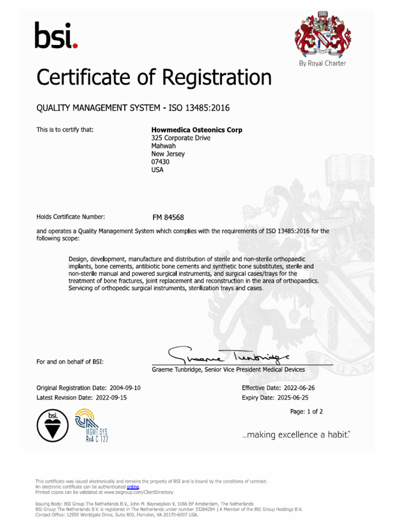 Howmedica Osteonics Corp - ISO 13485 - FM 84568 - 26JUN2022 | PDF