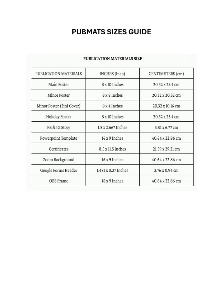 Pubmats Sizes Guide | PDF
