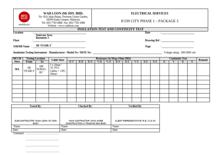 Megger Test - Submain Cable For Surau DB | PDF | Electrical Resistance ...