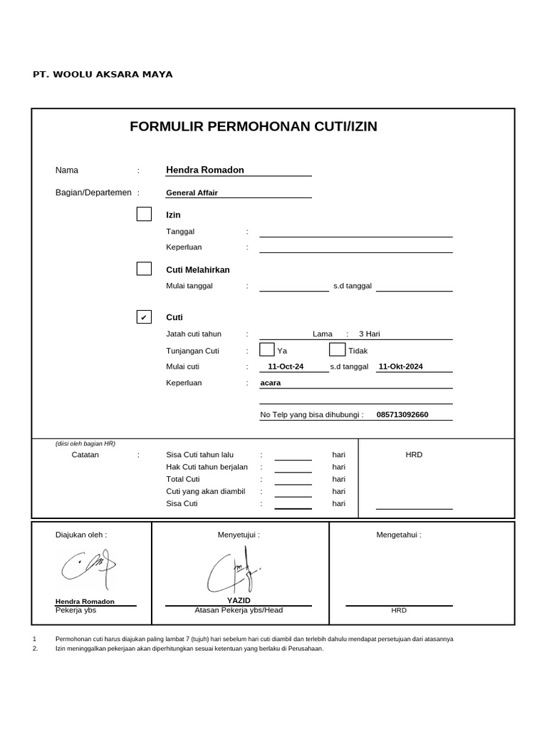 Form Pengajuan Cuti Hendra Romadon | PDF