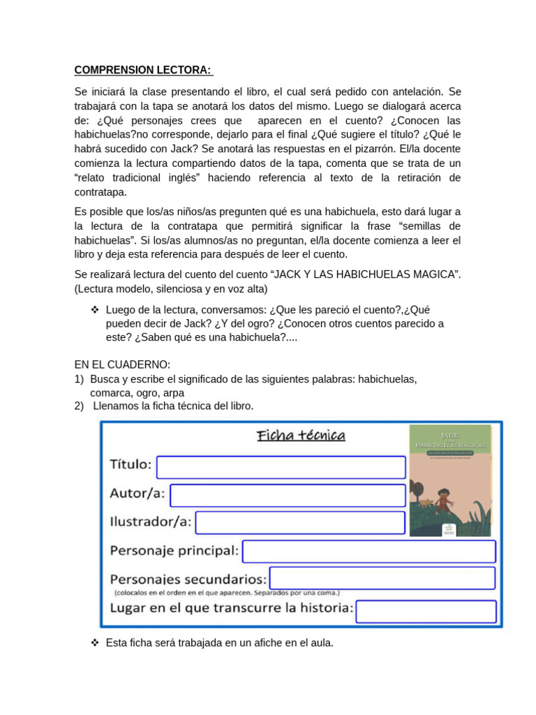 Comprensión Lectora Jack y Las Habichuelas Mágicas | PDF | Ficción general
