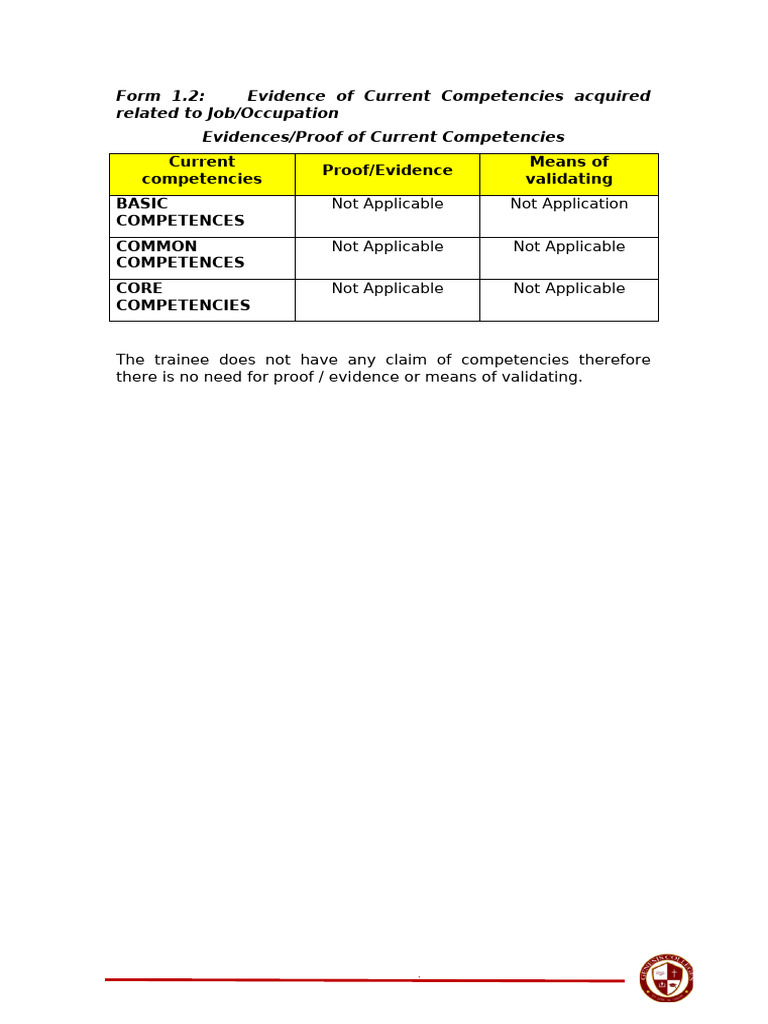 No Competencies Evidence Form | PDF