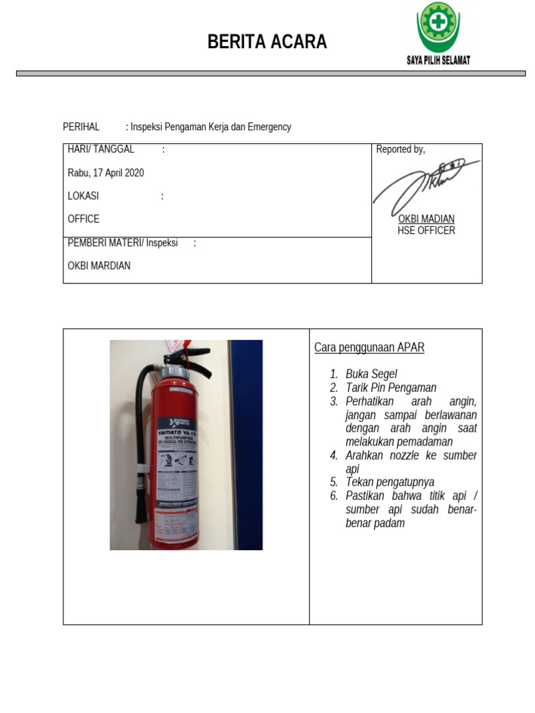 BERITA ACARA Pemeriksaan Pengaman Kerja Dan Alat Pencegah Kebakaran | PDF