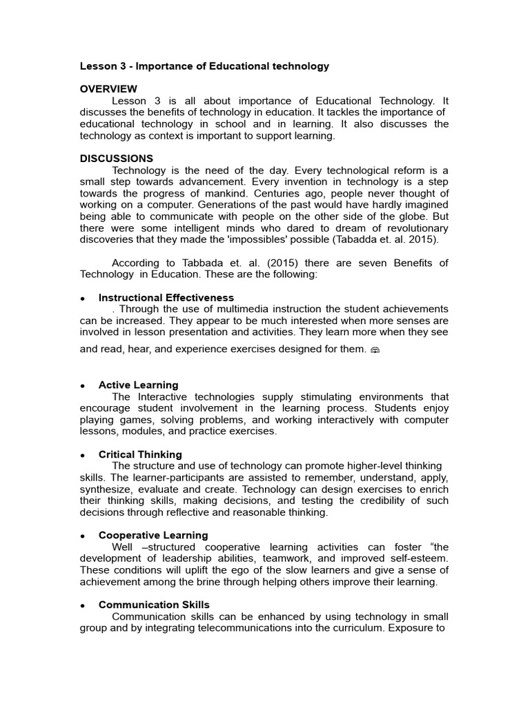 Lesson 3-Importance of EdTech | PDF | Learning | Thought