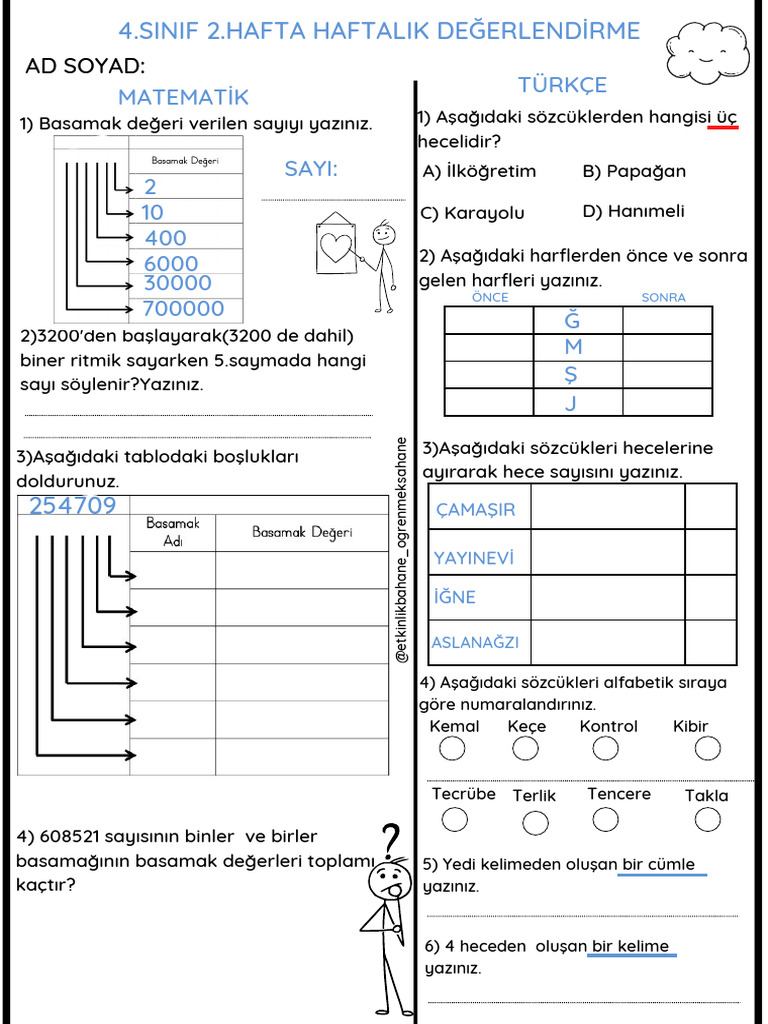 4.sinif 2.hafta Haftalik Degerlendirme | PDF