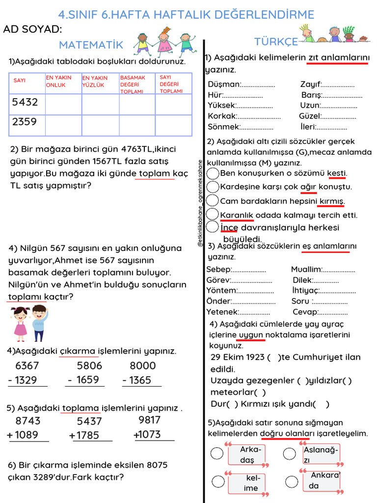 4.sinif 6.hafta Haftalik Degerlendirme | PDF
