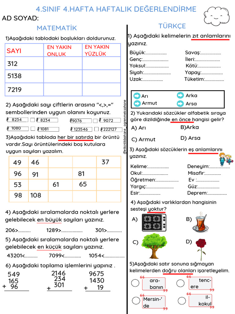 4.sinif 4.hafta Haftalik Degerlendirme | PDF