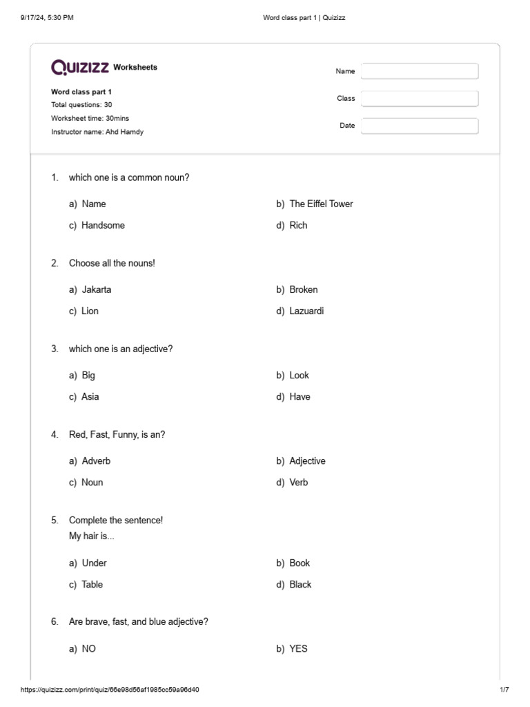 Word Class Part 1 - Quizizz | PDF | Part Of Speech | Adverb