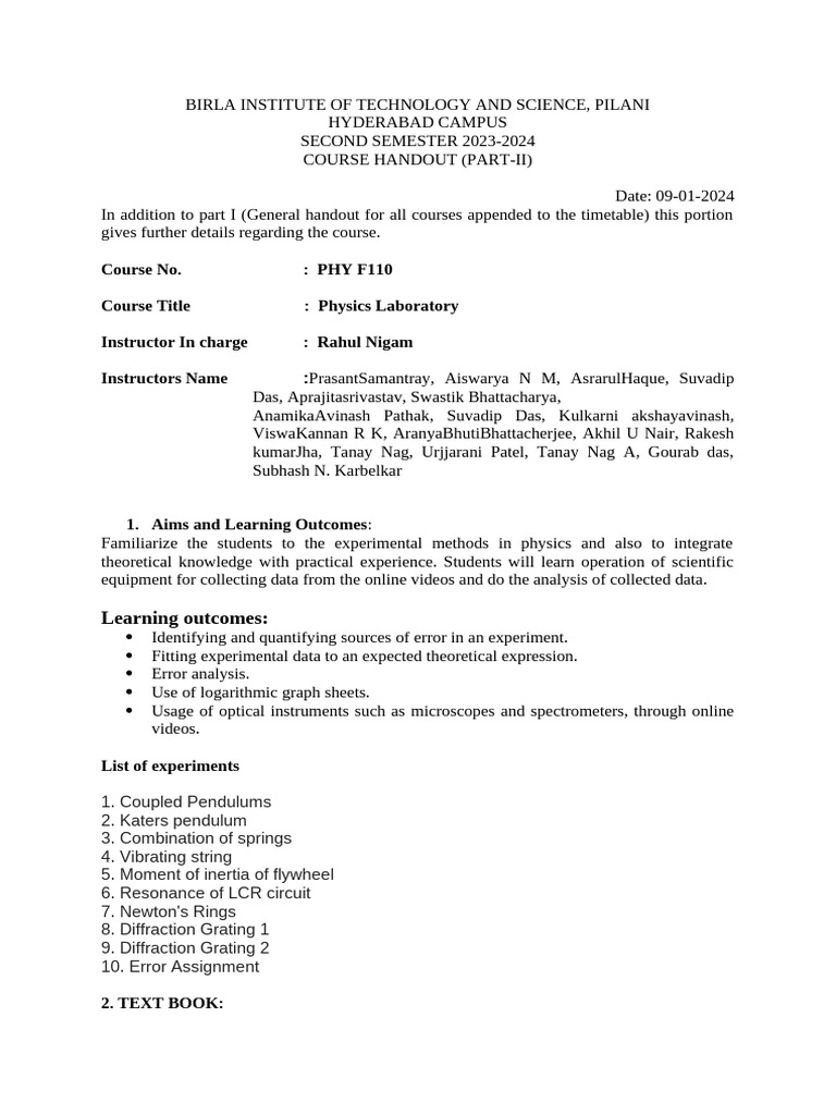 PHY F110 Physics Lab | PDF