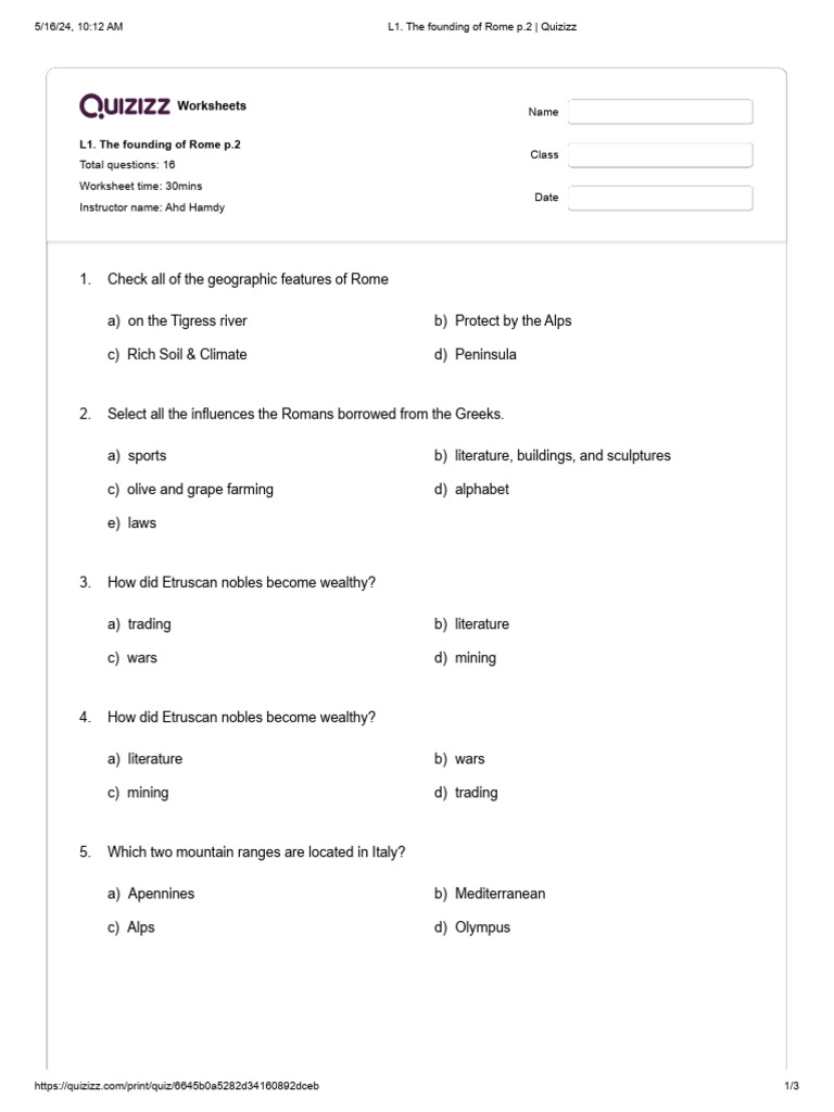 Founding of Rome Worksheets and Quiz | PDF | Ancient Rome | Roman Legion