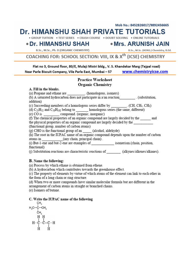 Practice Worksheet - Organic Chemistry | PDF | Alkene | Alkane