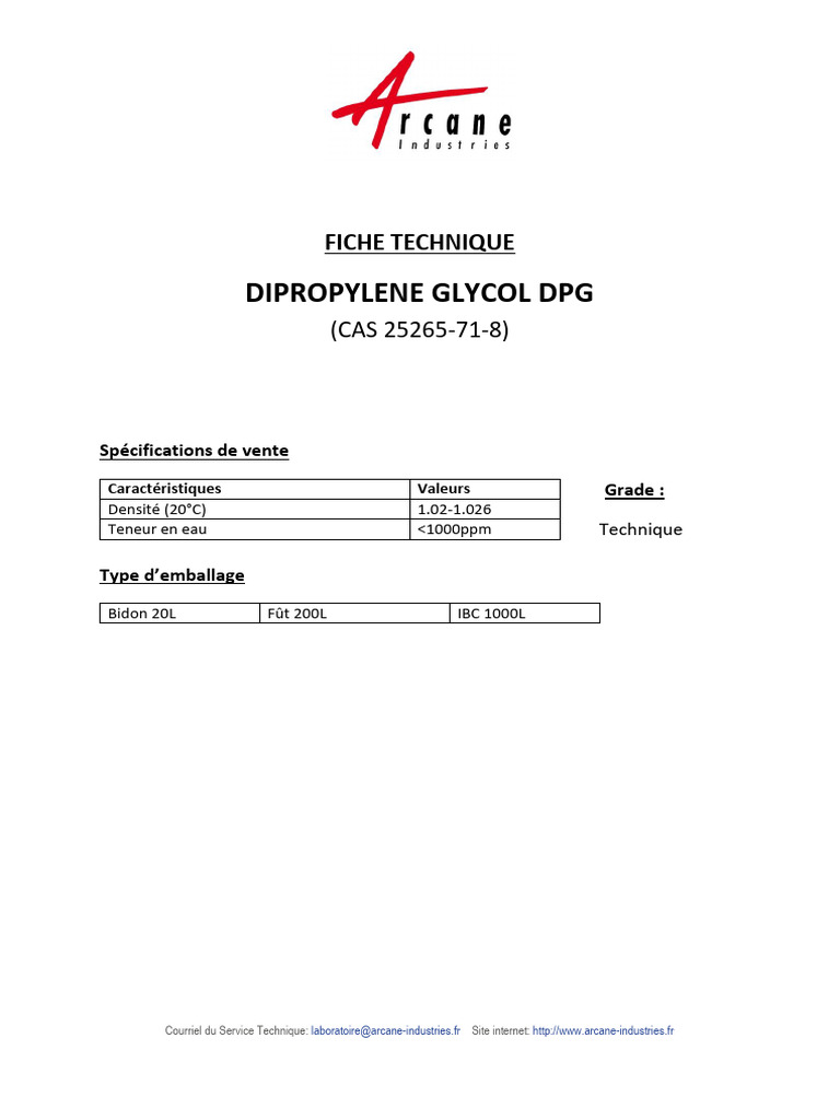 Fiche Technique Dipropylène Glycol DPG | PDF | Technologie et ingénierie