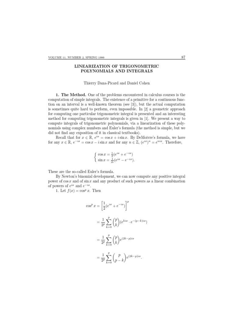 Linearization of Trigonometric Polynomials and Integrals: X e X I X X e X I X N e e | PDF ...