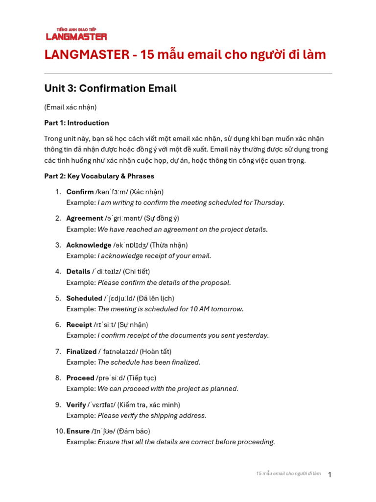 LANGMASTER - 15 mẫu email cho người đi làm-Email 3 | PDF