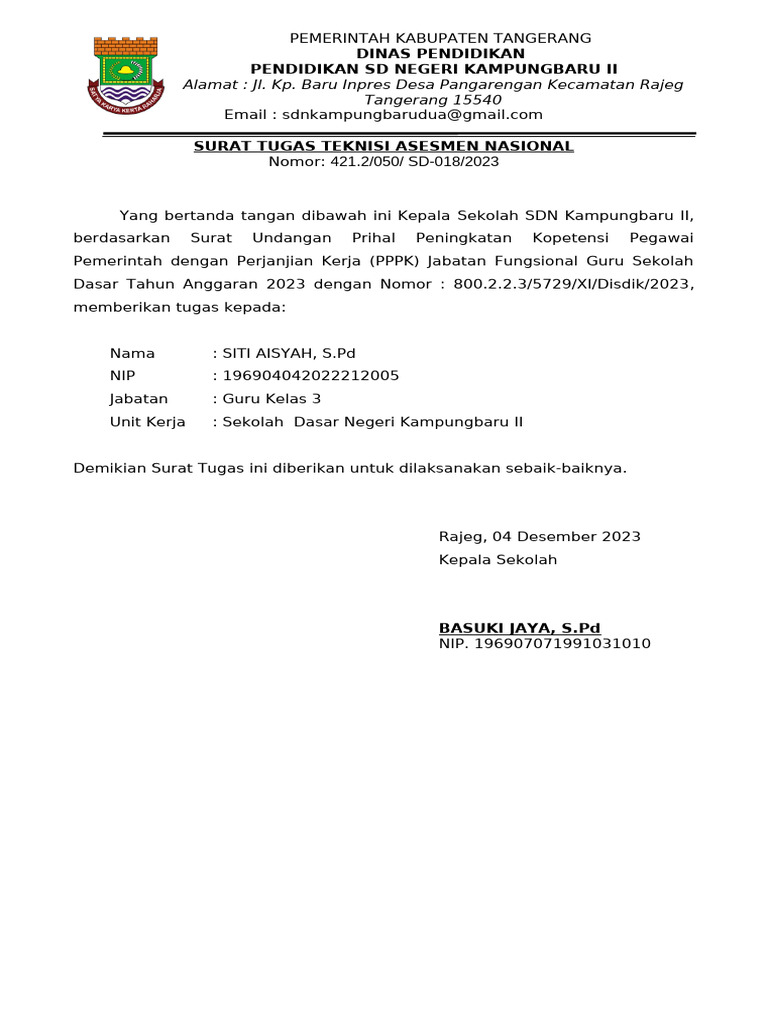 Contoh Surat Tugas Pengawas Silang Anbk 2023 Kec. Rajeg Apload | PDF