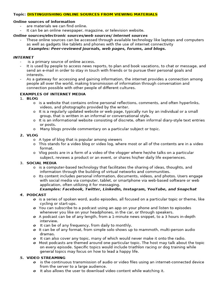 Distinguishing Online Sources From Viewing Materials | PDF | Podcast ...