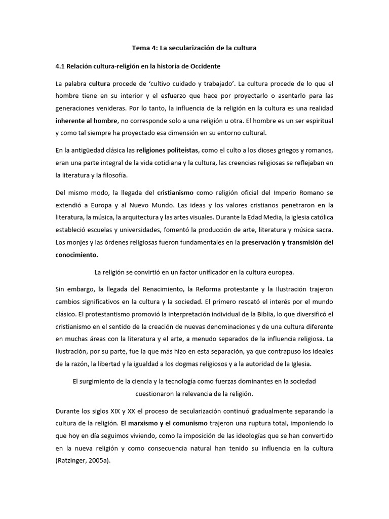 Tema 4 rel cul val | PDF | Papa Benedicto Xvi | Iglesia Católica