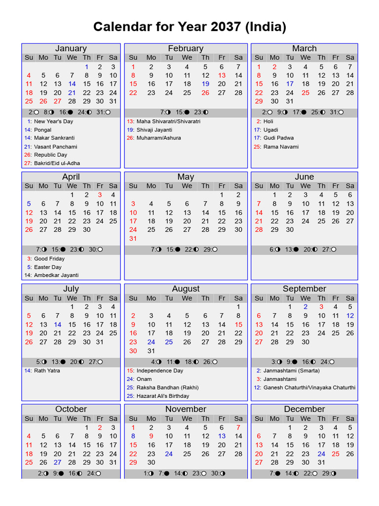 Year 2037 Calendar - India | PDF | Worship | Hindu Worship