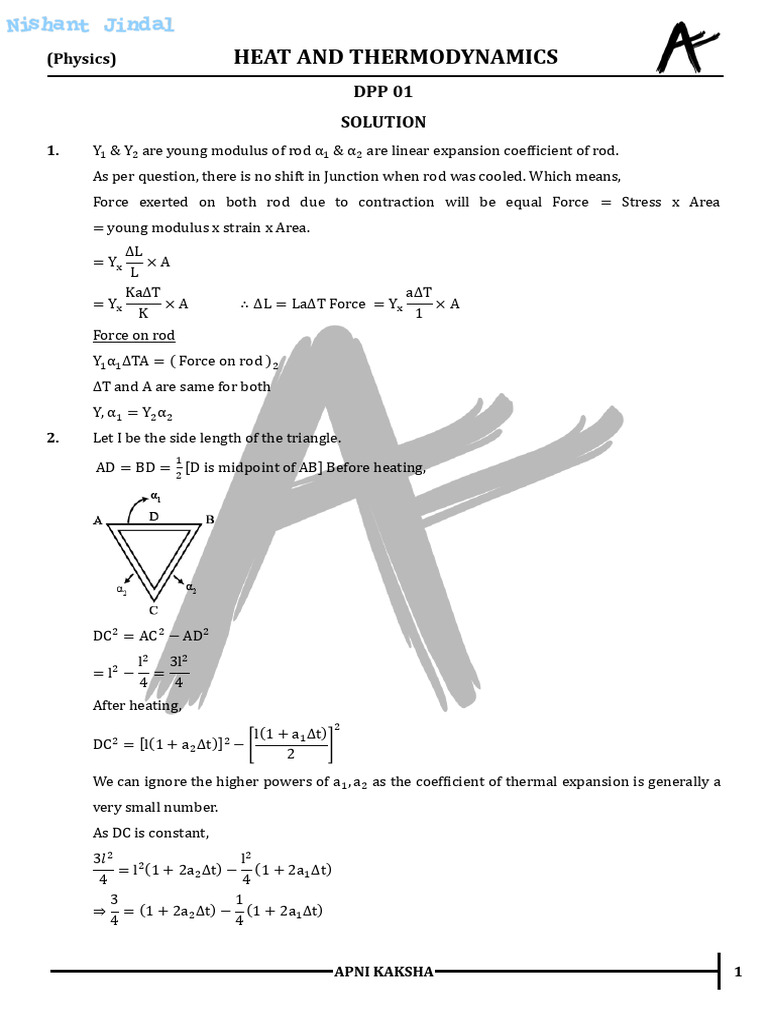 DPP - 01 (Solution) Heat & Thermodynamics NJ - 247 | PDF | Thermal Expansion | Thermodynamics