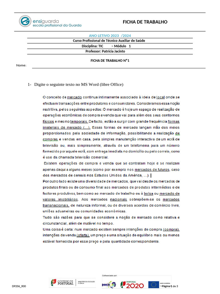 Ficha Trabalho | PDF