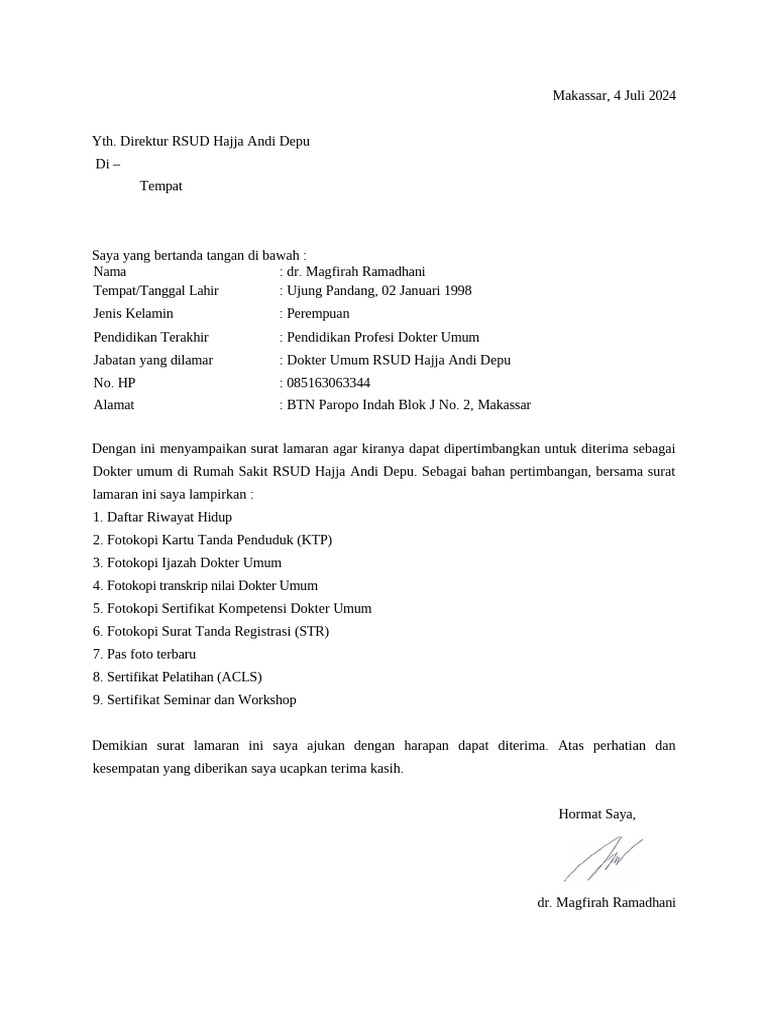 Surat Lamaran Kerja Primaya Dr. Magfirah Ramadhani | PDF | Pengembangan ...
