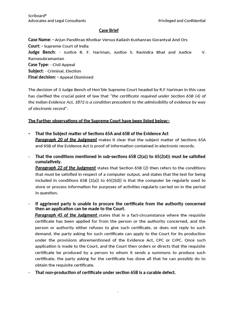 Section - 65B (Case - Brief) (1) 4 | PDF | Judgment (Law) | Supreme ...