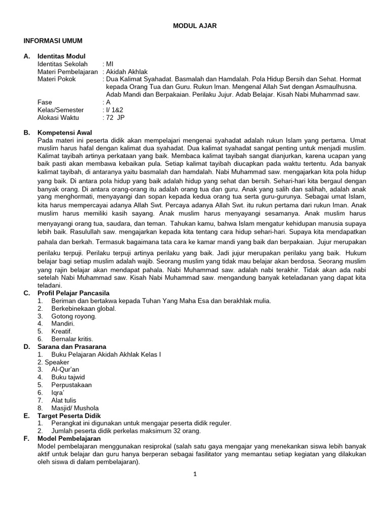 Modul Ajar Akidah Akhlak Kelas 1 | PDF