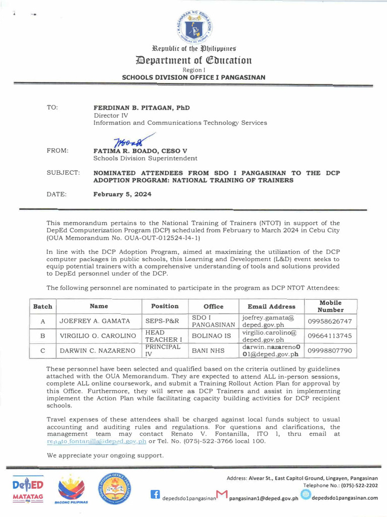 Nominated Attendees From SDO I Pangasinan To The DCP Adoption Program ...