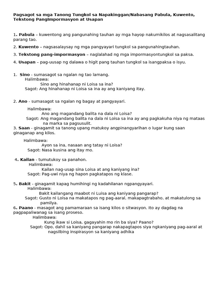 Pagsagot Sa Mga Tanong Tungkol Sa Napakinggan | PDF