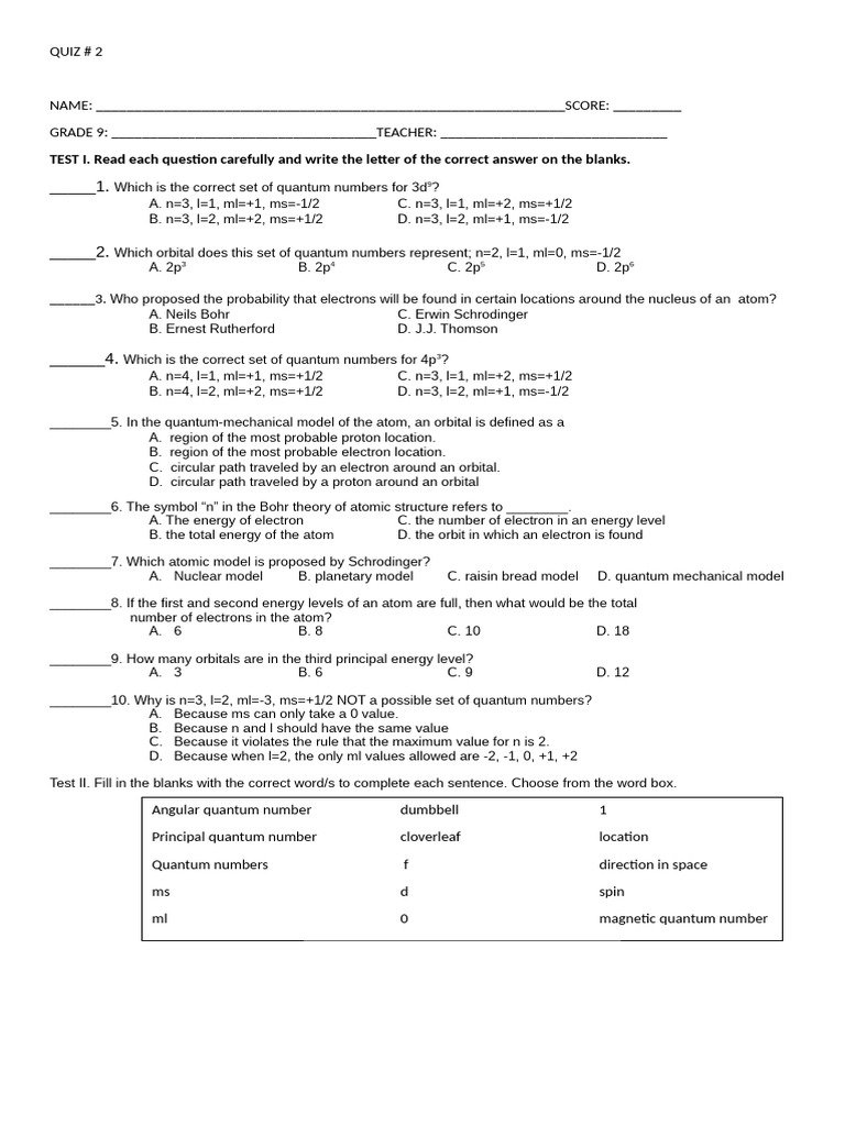 Grade 9 Quantum Numbers Quiz | PDF | Atomic Orbital | Energy Level