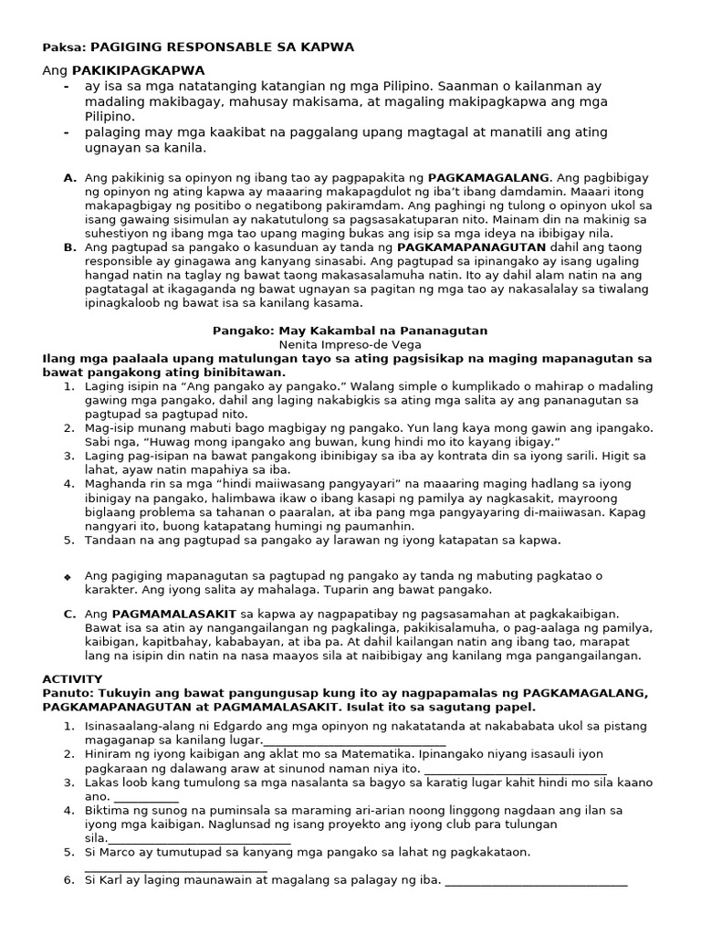 Pagiging Responsable Sa Kapwa | PDF