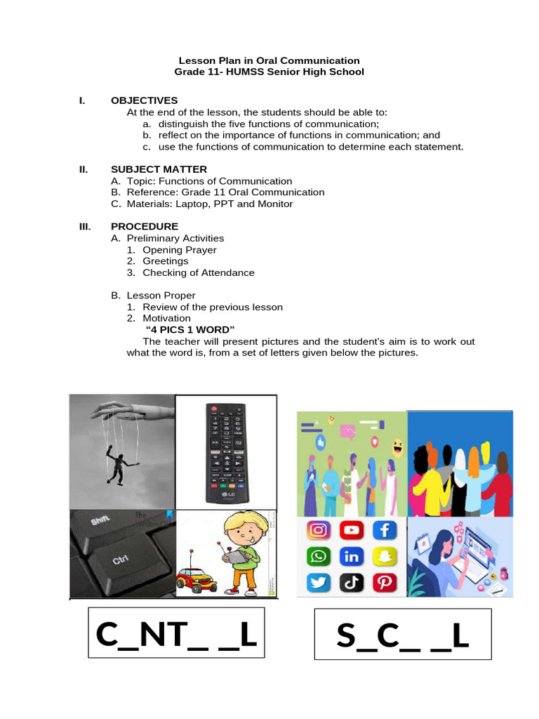 Lesson Plan in Oral Communication | PDF | Communication | Lesson Plan