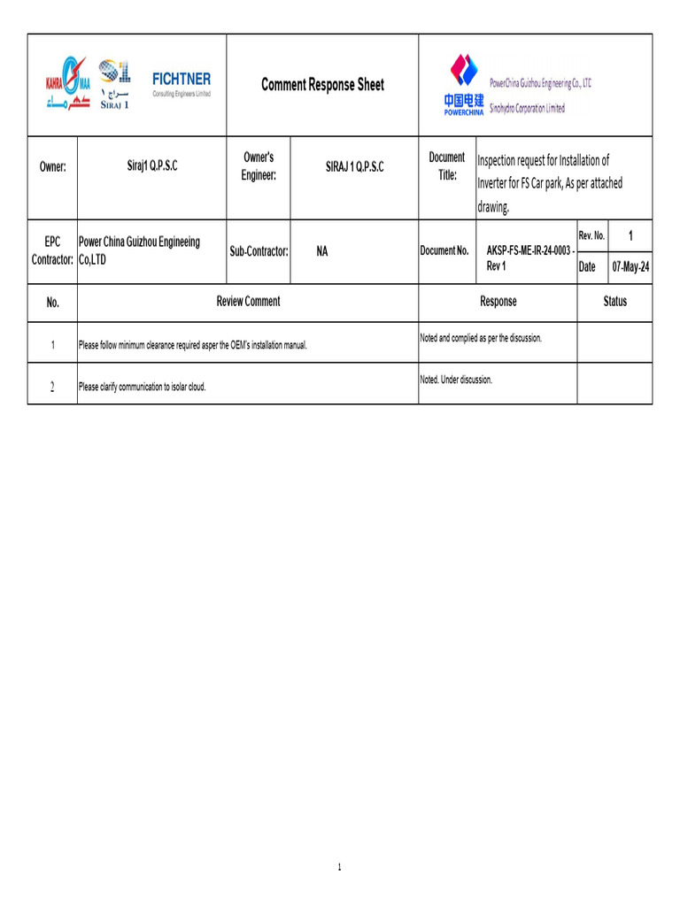 Comment Response Sheet: Owner: Siraj1 Q.P.S.C Owner's Engineer: Siraj 1 ...