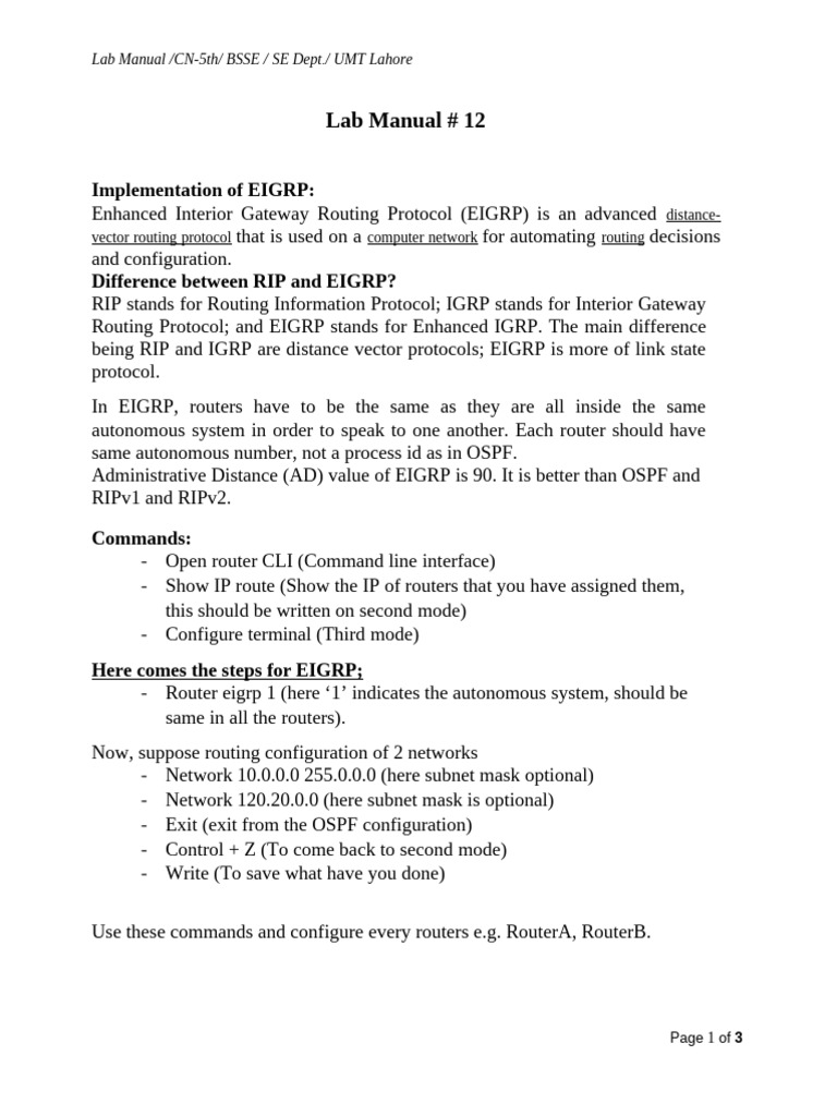 4.12 - Lab - Manual - 12 - CN - Enhanced Interior Gateway Routing Protocol (EIGRP) | PDF | Computers